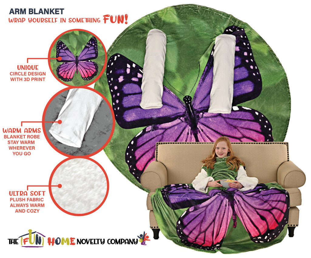Purple Butterfly Wearable Sleeved Round Arm Blanket 68" Diameter
